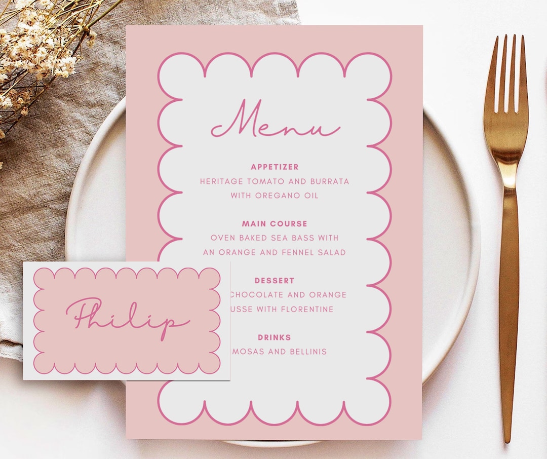 Pink Scalloped Menu Placecard Template, Instant Download Editable Menu ...