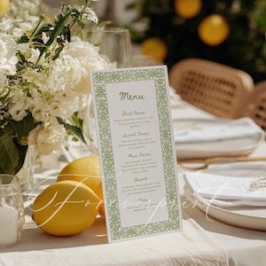 Green Watercolor Ornate Border Menu Template, Rustic Whimsical Wedding ...