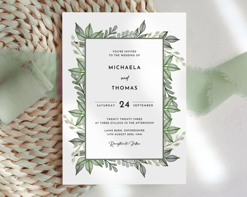 Greenery Wedding Invitation Template, Printable Wedding Invitation ...
