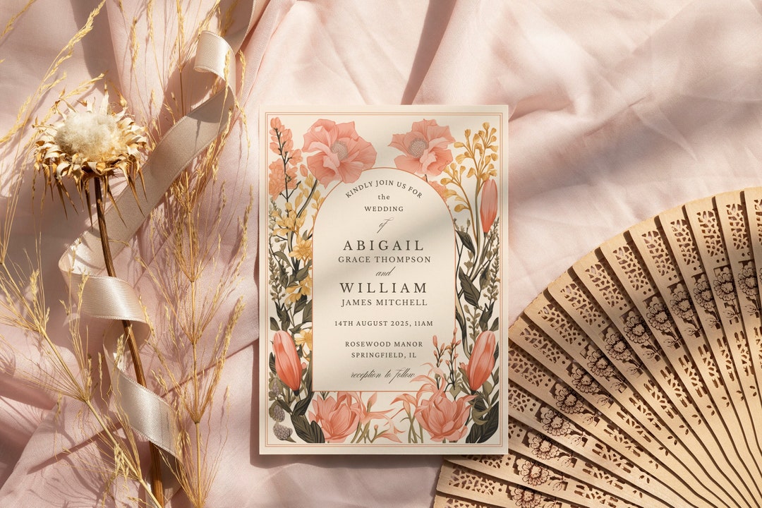 Peach Floral Wedding Invitation Template, Printable Wedding Invitation ...