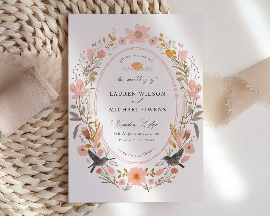 Pink Wildflower Wedding Invitation Template, Printable Wedding ...