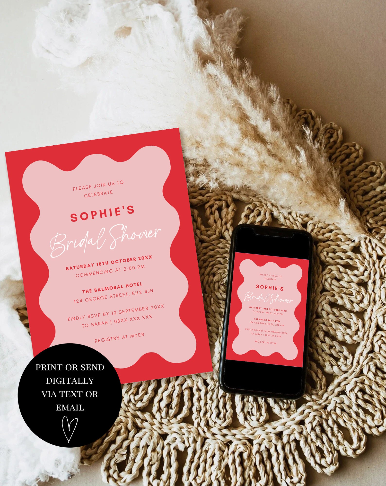 Wave Bridal Shower Invitation, Curve Modern Bridal Shower Invite, PINK Bridal Shower, Editable ...