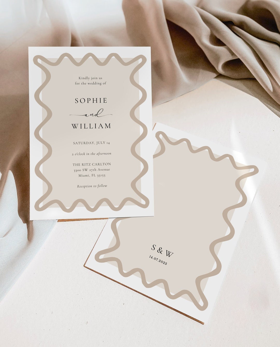 WEDDING INVITATION | Beige Retro Scallop Wavy Edge Invitation Template ...