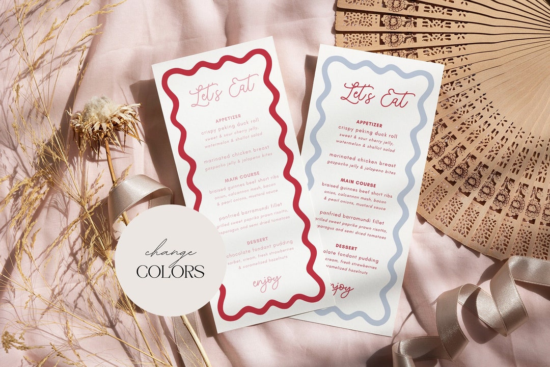 Wavy Menu Template, Hand Drawn, Wedding/bridal Shower Menu, Printable ...