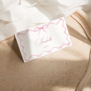 Pink Bow Place Cards, Bow Name Cards, Ribbon Border, Curvy, Printable ...