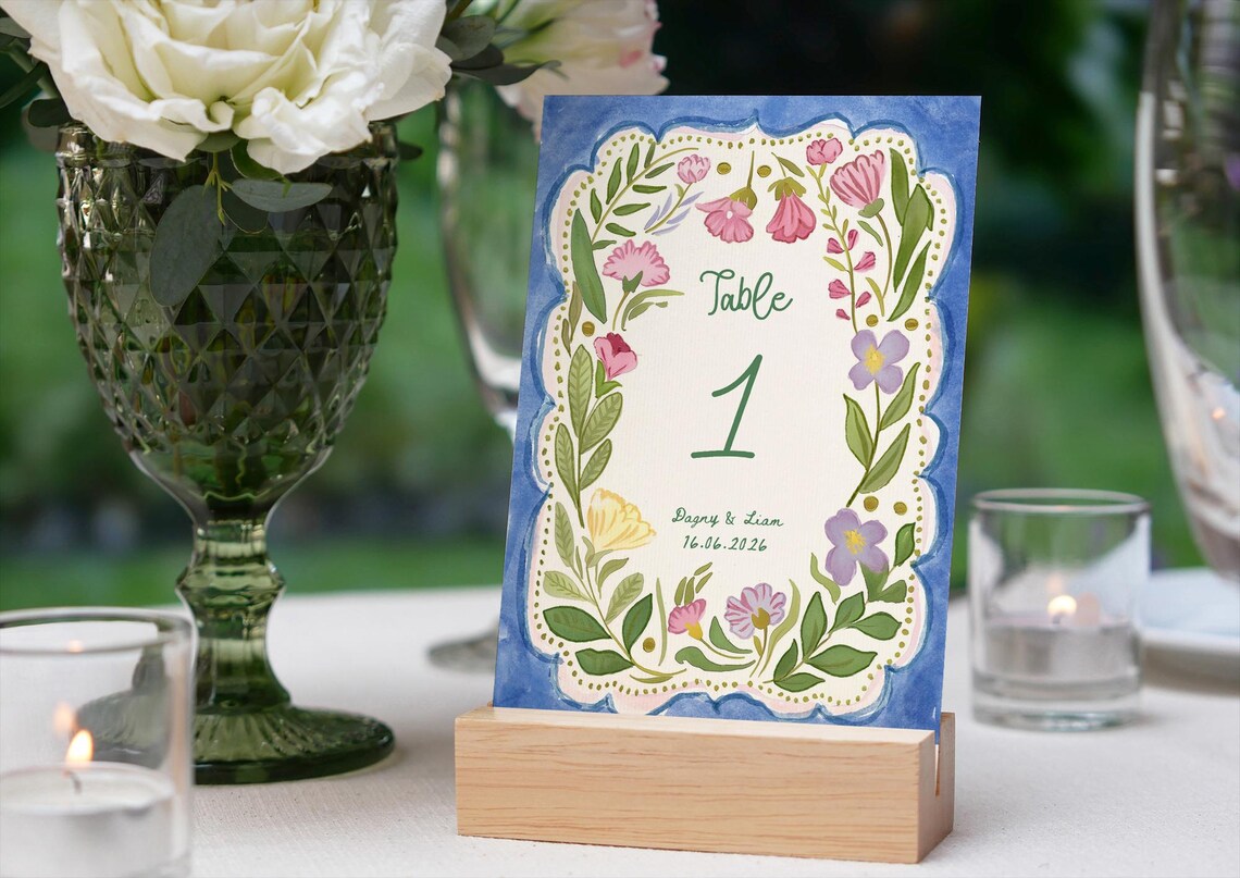 Navy Blue Floral Table Number Template, Hand Drawn, Printable Table ...