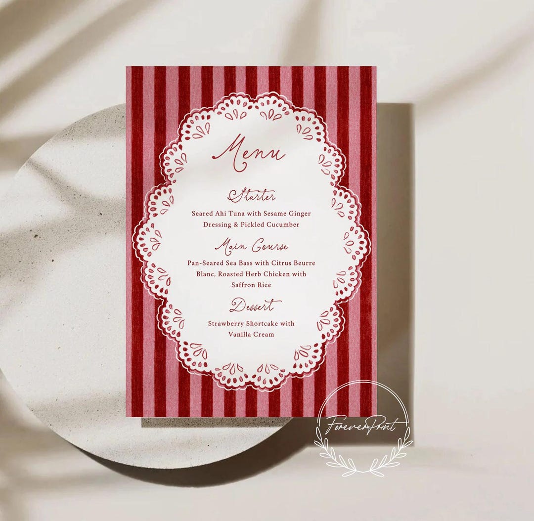 Red Striped Menu Template, Vintage Wedding Menu Card, Valentine Dinner ...