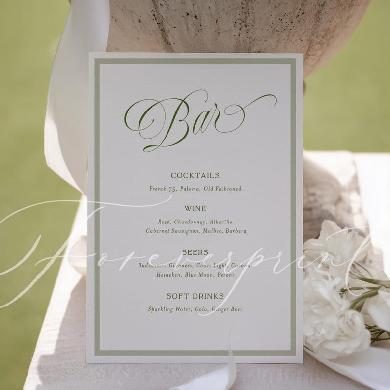 Elegant Green Cocktail List Template, Minimalist Reception Drinks ...