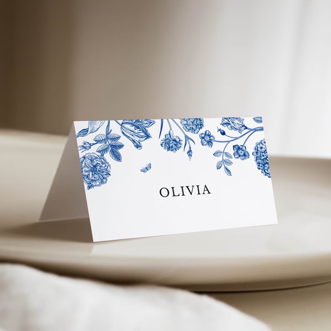 Blue Floral Place Cards Template, Printable Name Cards, Dinner Name ...