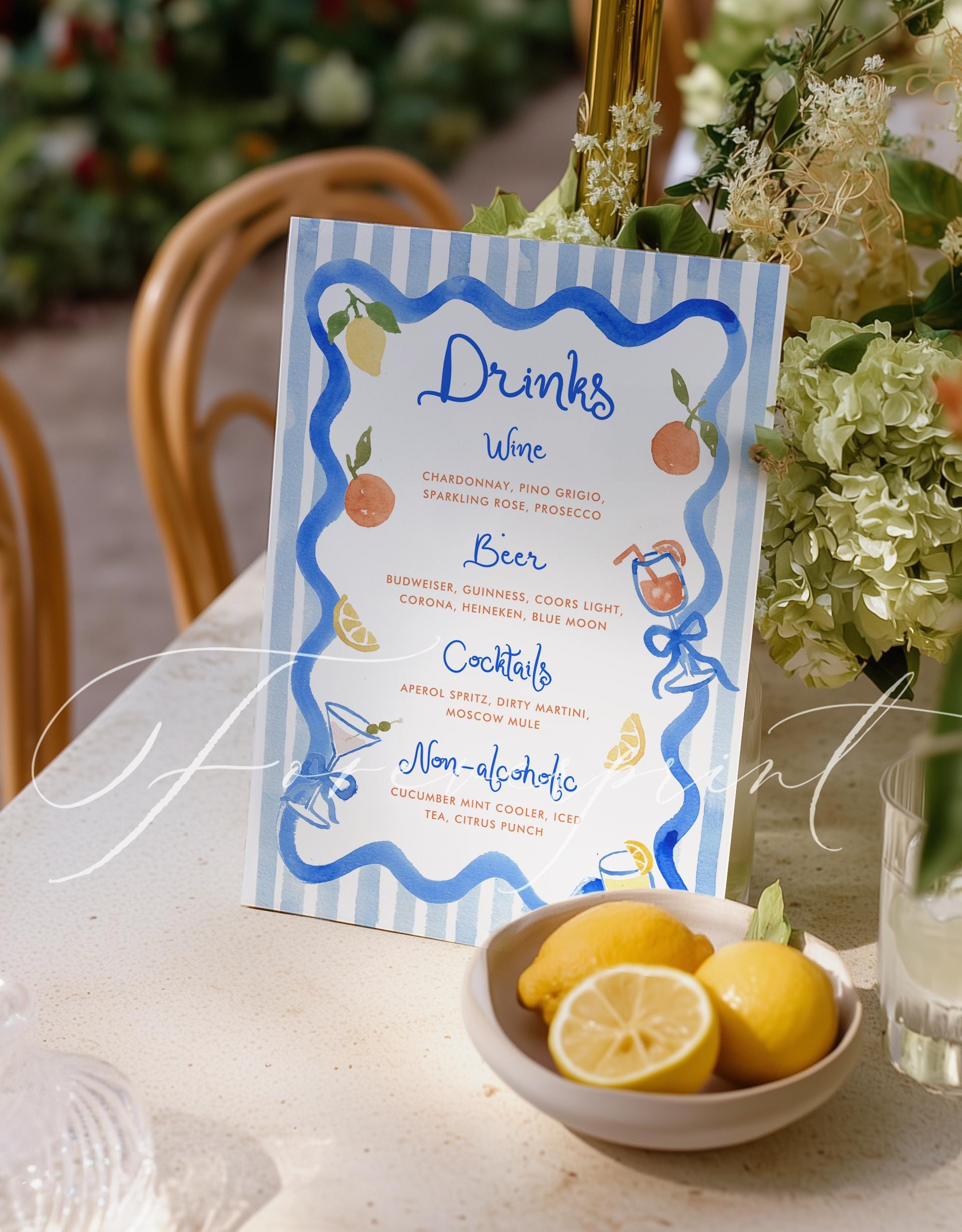 Blue Citrus Wedding Drink Menu Template, Editable Bar Sign, Printable ...