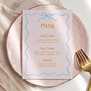 Curvy Bow Menu Template, Hand Drawn, Wedding/bridal Shower Menu ...