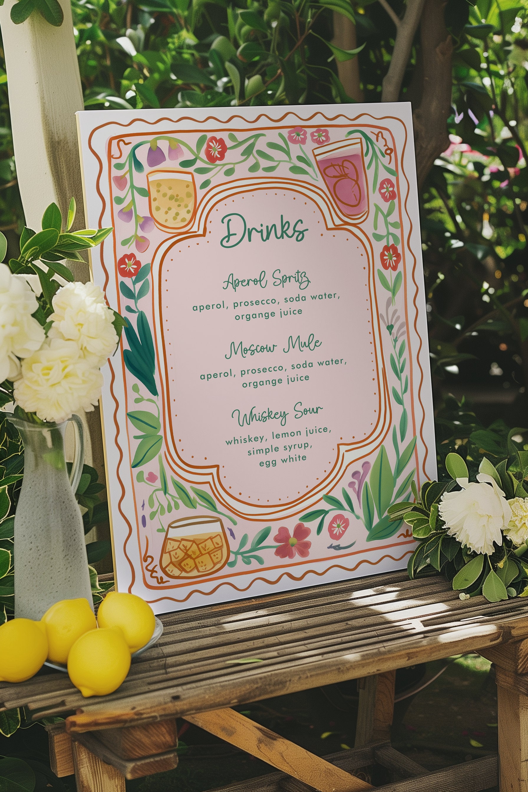 Colorful Floral Drinks Menu Template, Hand Drawn, Printable Drinks Sign ...