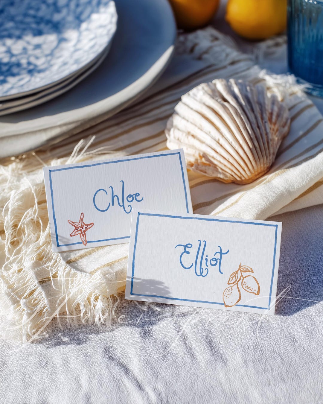 Blue Coastal Place Cards Template, Printable Place Cards, Watercolor ...