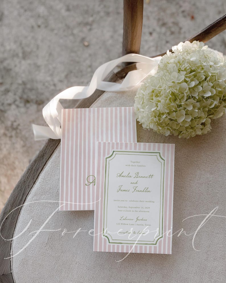 Pink Stripe Wedding Invitation Template Suite, Editable RSVP & Details ...