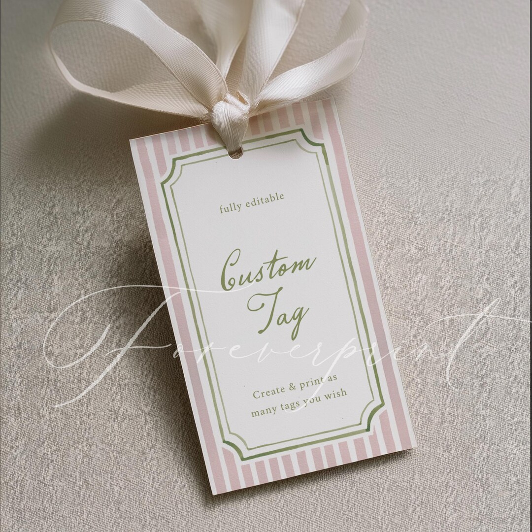 Editable Pink Striped Wedding Favor Tag, Sage Green Frame, Custom ...