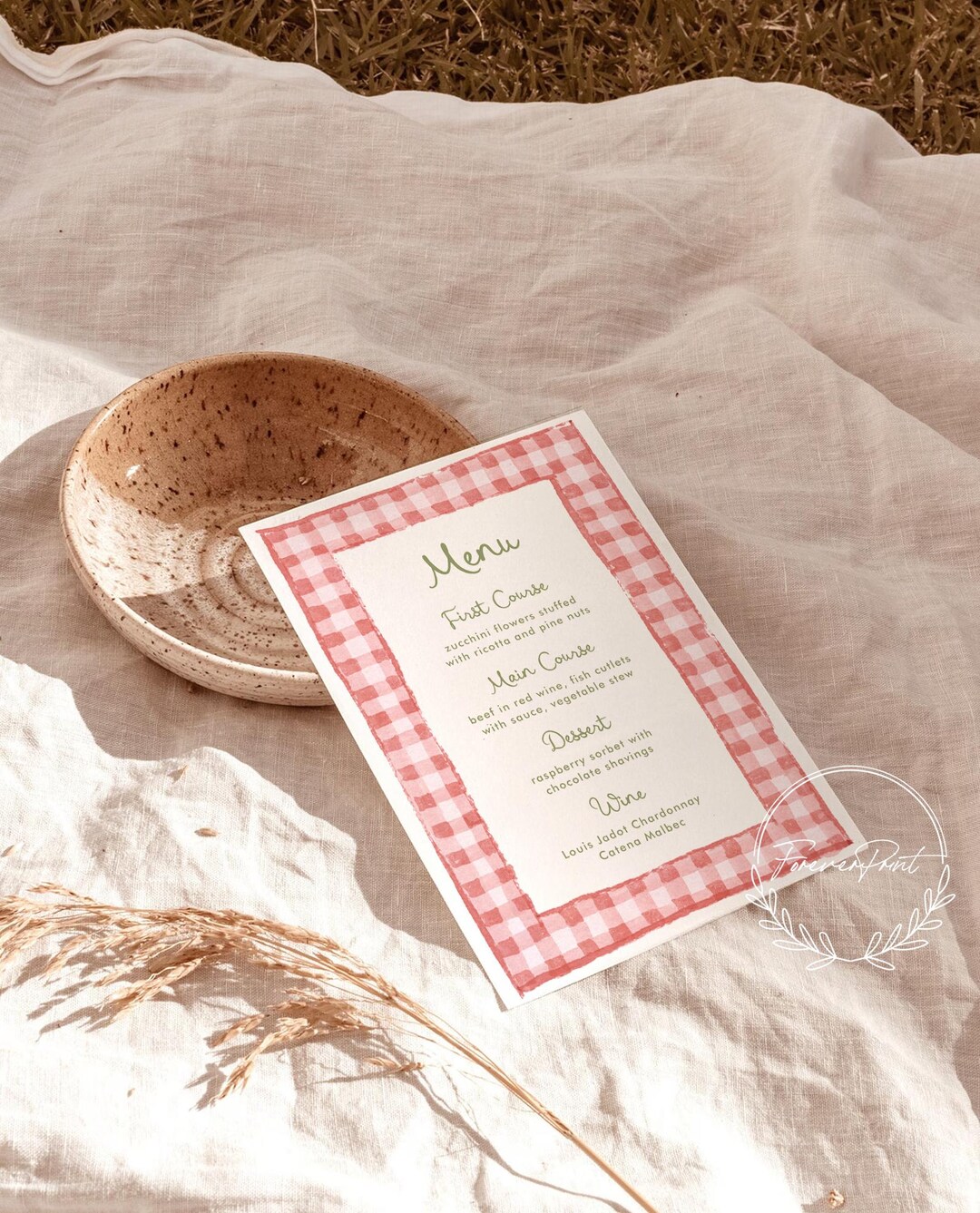 Red Checkered Frame Menu Template, Watercolor Rustic Boho Wedding or ...