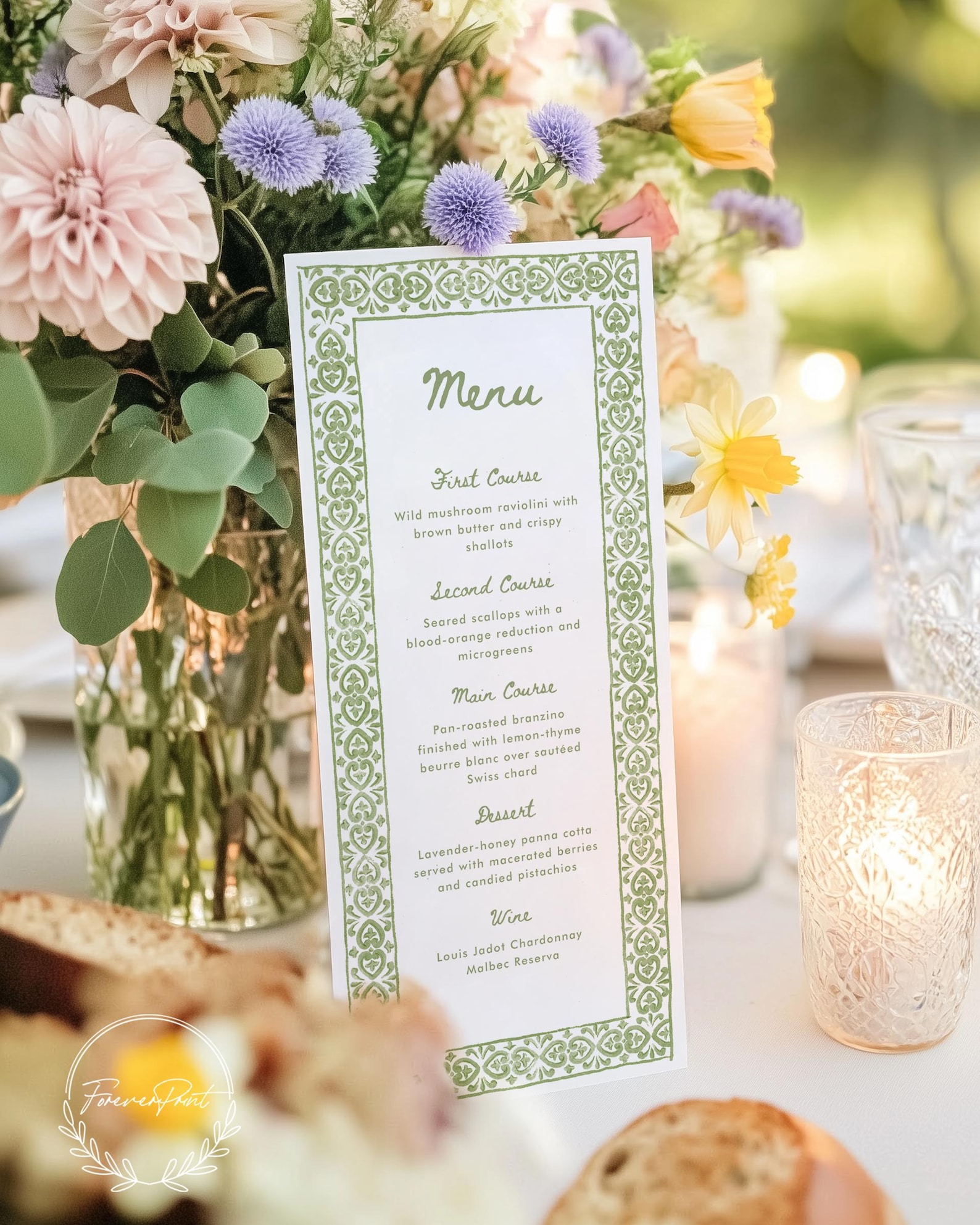 Green Watercolor Ornate Border Menu Template, Rustic Whimsical Wedding ...