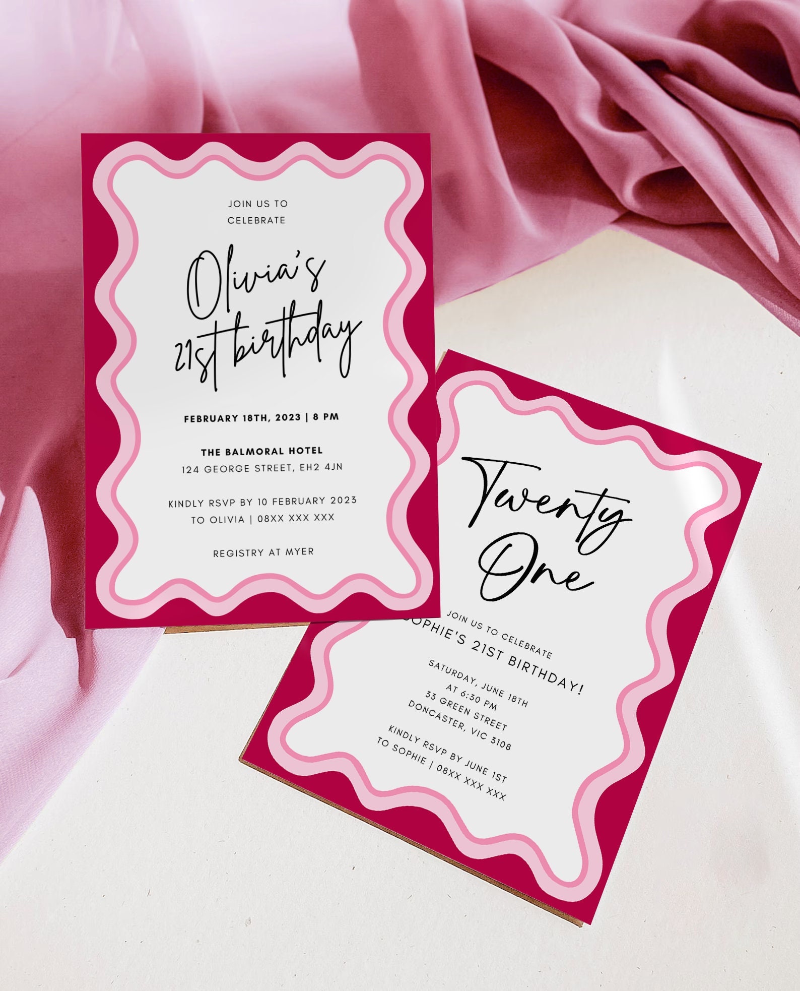 Ladies 21st Birthday Invitation Printable Pink Red Dinner Party Invite ...