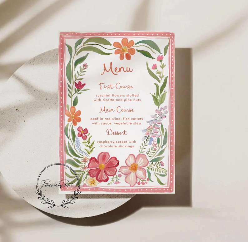 Peach Floral Menu Template, Hand Drawn, Printable Dinner Menu, Editable ...