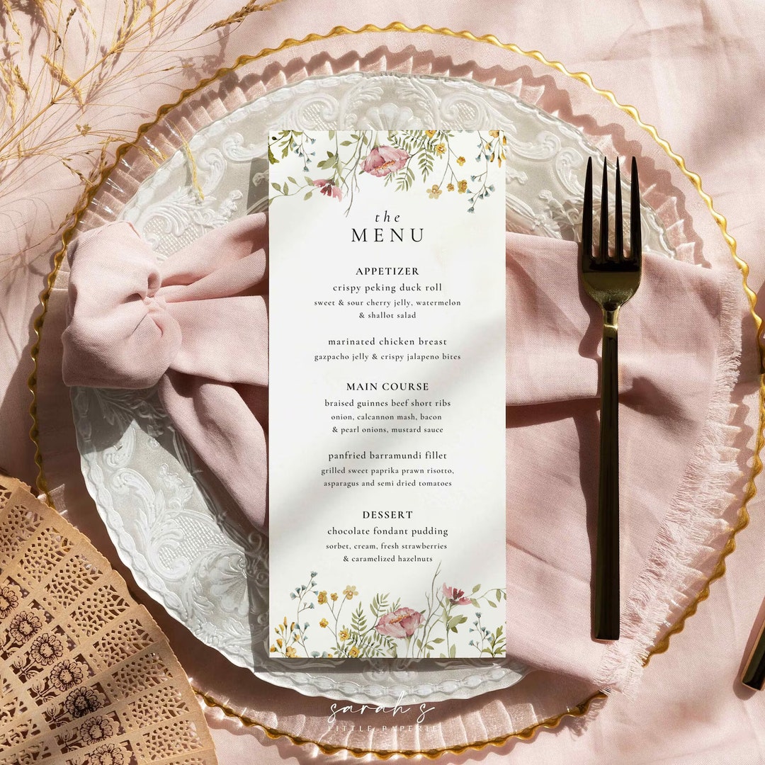 Wildflower Menu Template, Garden Party Bridal Shower Menu, Boho Flowers ...
