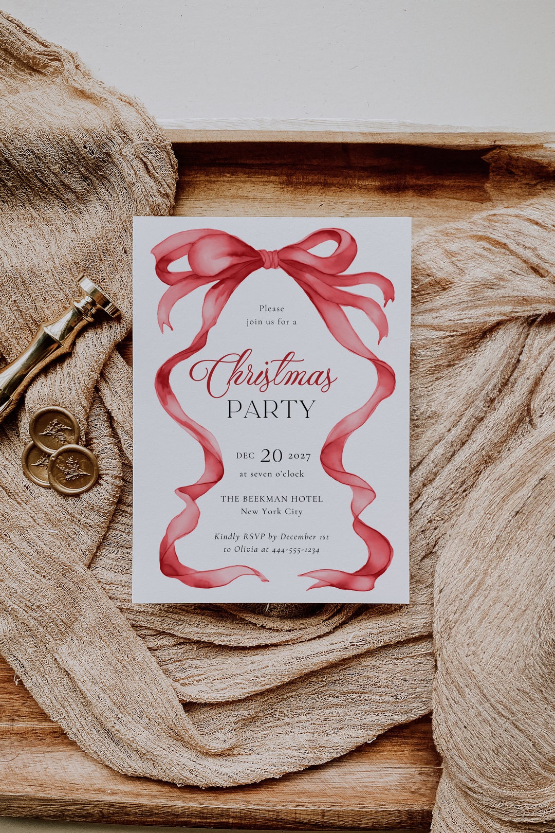 Red Bow Christmas Party Invitation, Christmas Invitation Printable ...