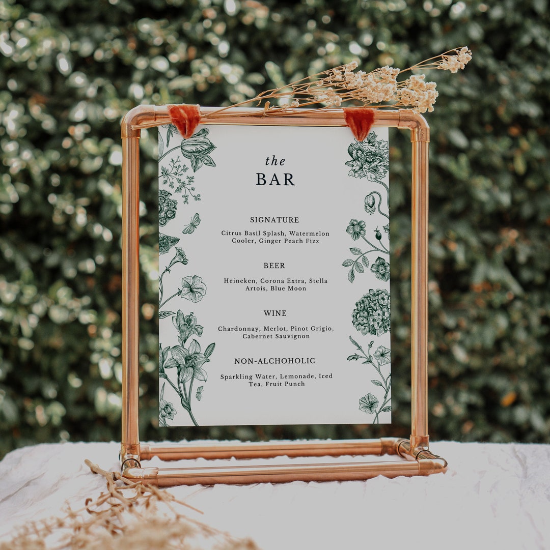 Green Florals Bar Sign, Printable Drinks Sign, Editable Bar Menu ...
