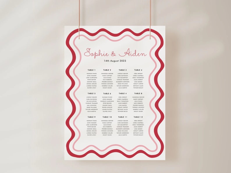 Wave Wedding Seating Chart Template With Scallop Edge, Modern Retro ...