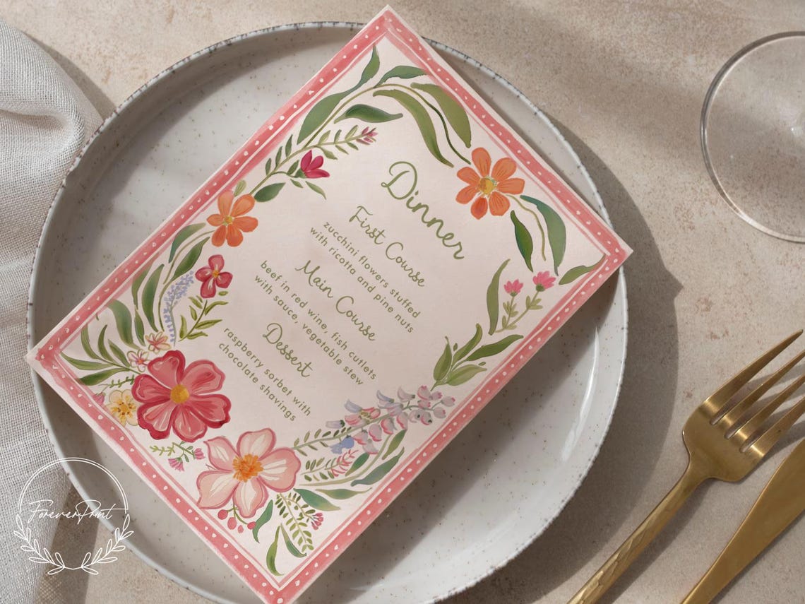 Peach Floral Menu Template, Hand Drawn, Printable Dinner Menu, Editable ...