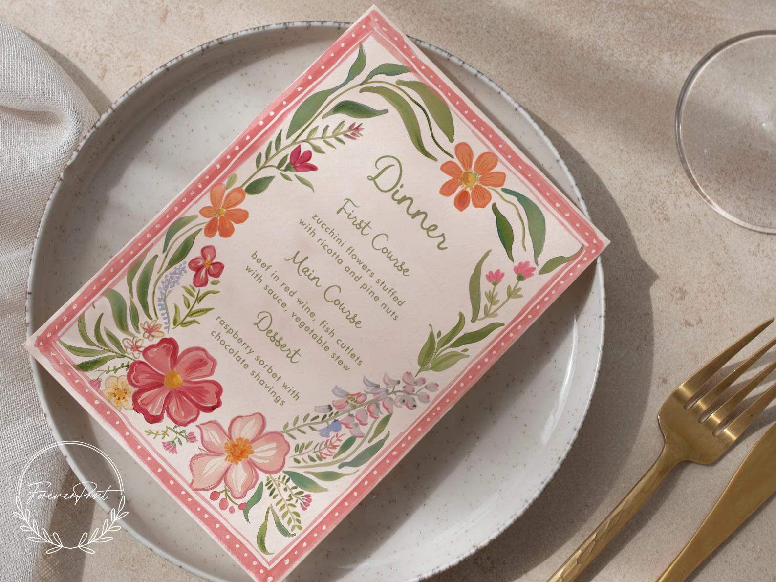 Peach Floral Menu Template, Hand Drawn, Printable Dinner Menu, Editable ...