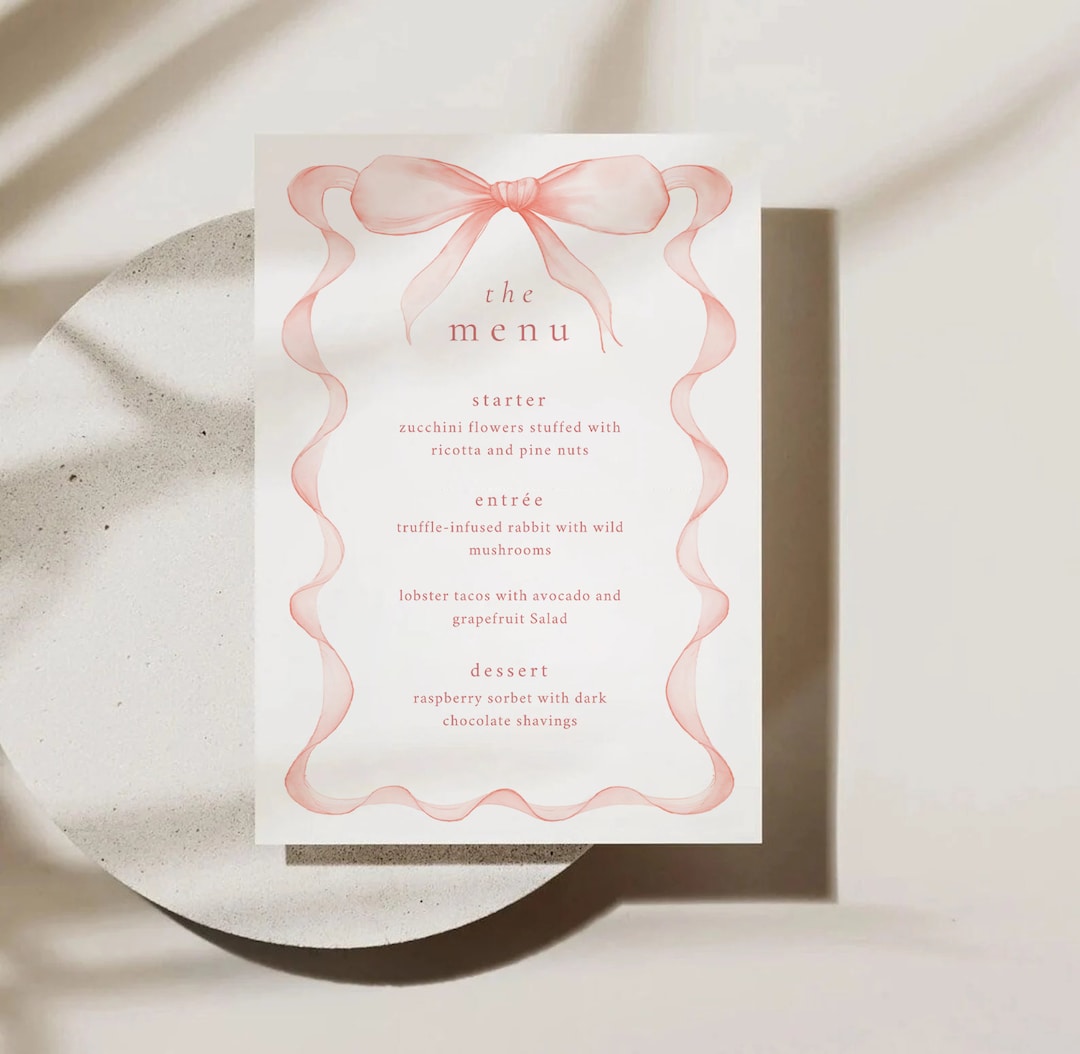 Pink Ribbon Bow Menu Template, Hand Drawn, Wedding/bridal Shower Menu ...