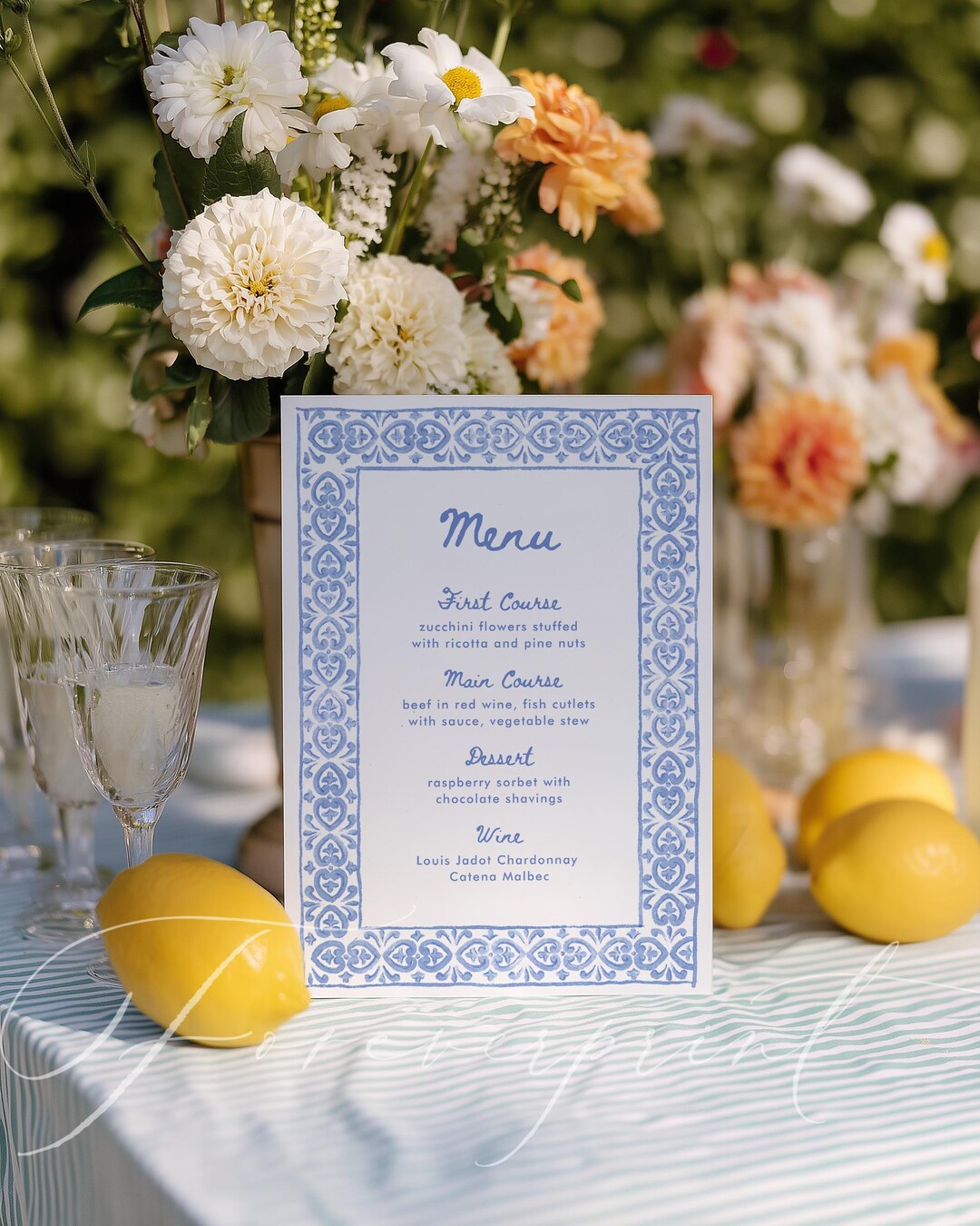 Blue Watercolor Ornate Border Menu Template, Rustic Boho Wedding or ...