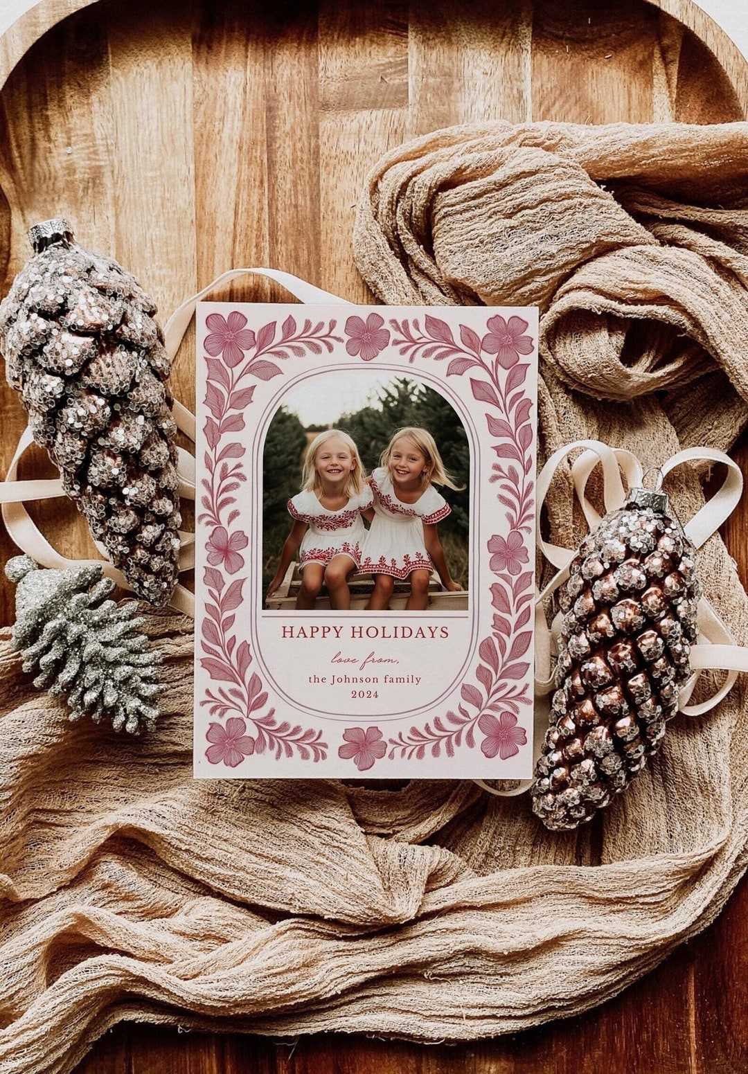 Editable Holiday Photo Card Template | Floral Christmas Card | Happy ...