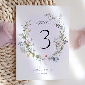 Wildflower Wreath Table Number Cards, Outdoor Garden Wedding, Floral ...