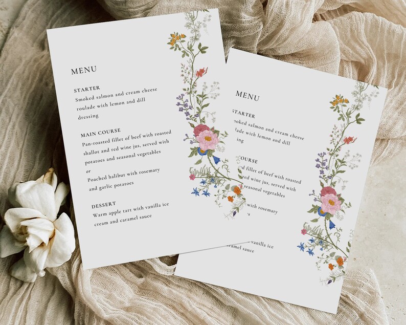Wildflower Menu Template, Garden Party Bridal Shower Menu, Boho Flowers ...