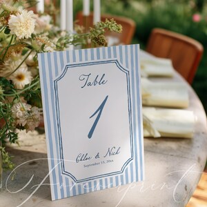 Blue Striped Wedding Table Number Template, Elegant Watercolor Table ...