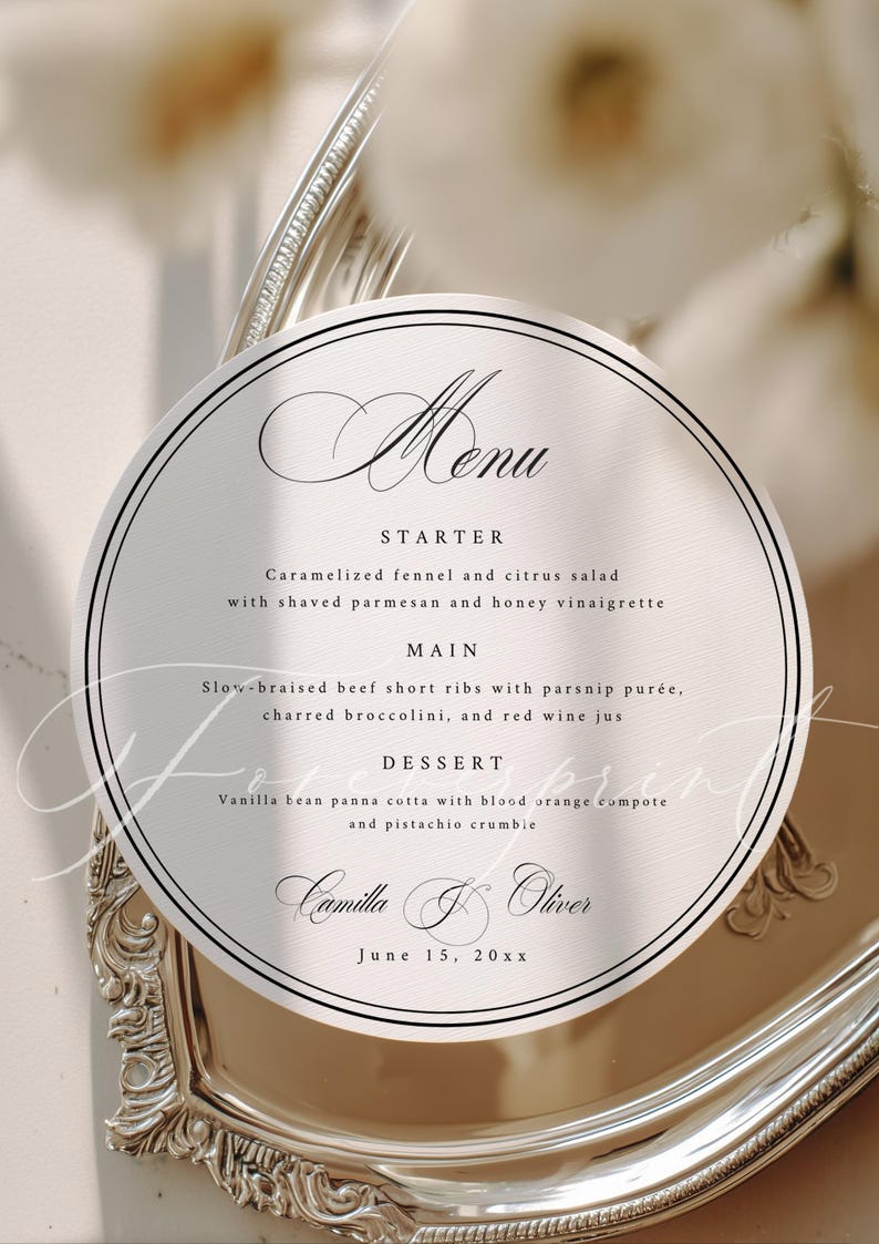 Round Wedding Menu Template, Elegant Black and White Menu Card, Minimal ...