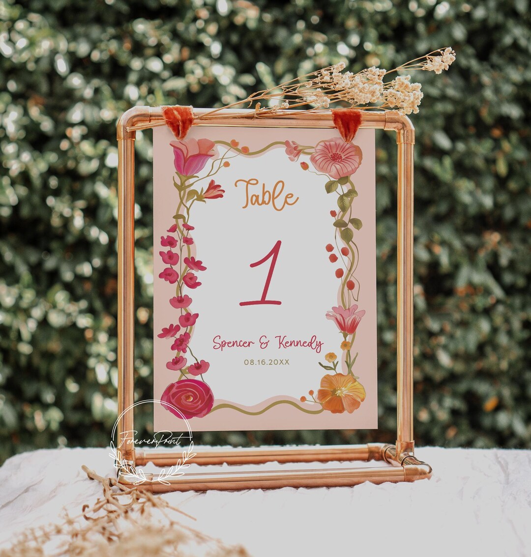 Pink Floral Table Number Template, Hand Drawn Watercolor, Printable ...
