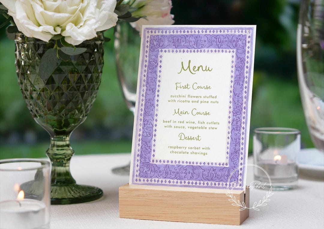 Purple Watercolor Floral Border Menu Template, Rustic Boho Wedding or ...