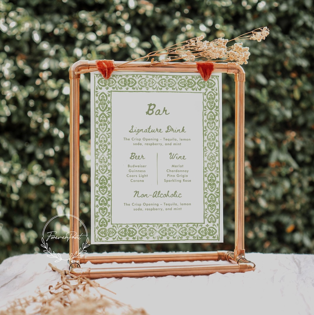 Green Toile Border Bar Sign Template, Hand Drawn, Wedding/bridal Shower ...