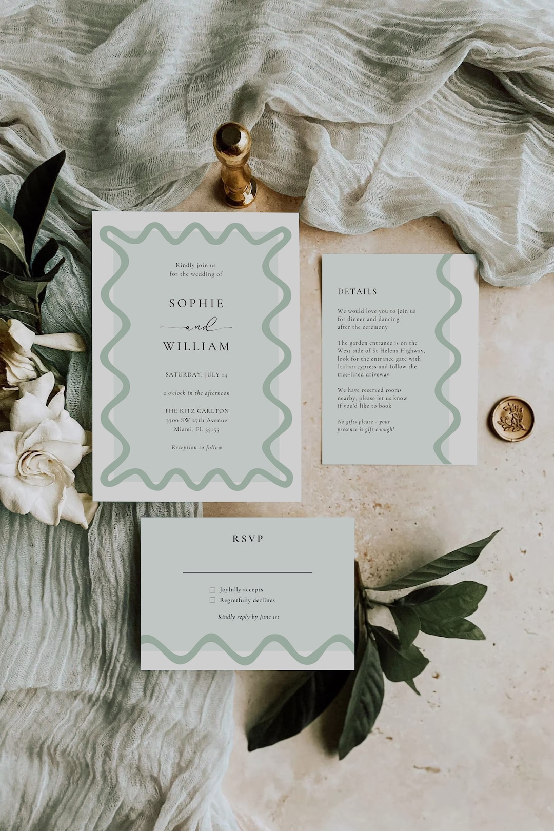 Wavy Wedding Invitation, Curve Modern Wedding Invite, Modern Boho ...