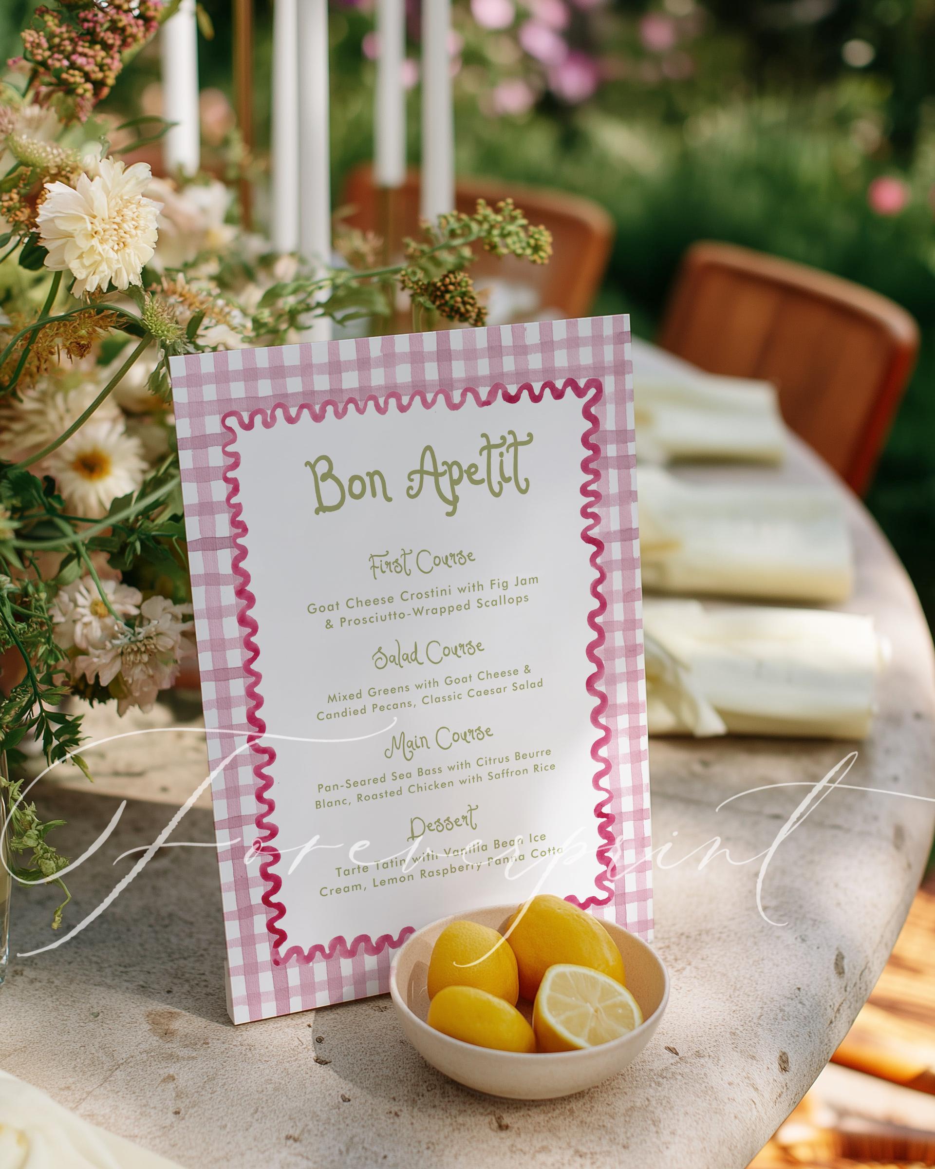 Watercolor Pink Gingham Menu Template, Rustic Boho Wedding or Bridal ...
