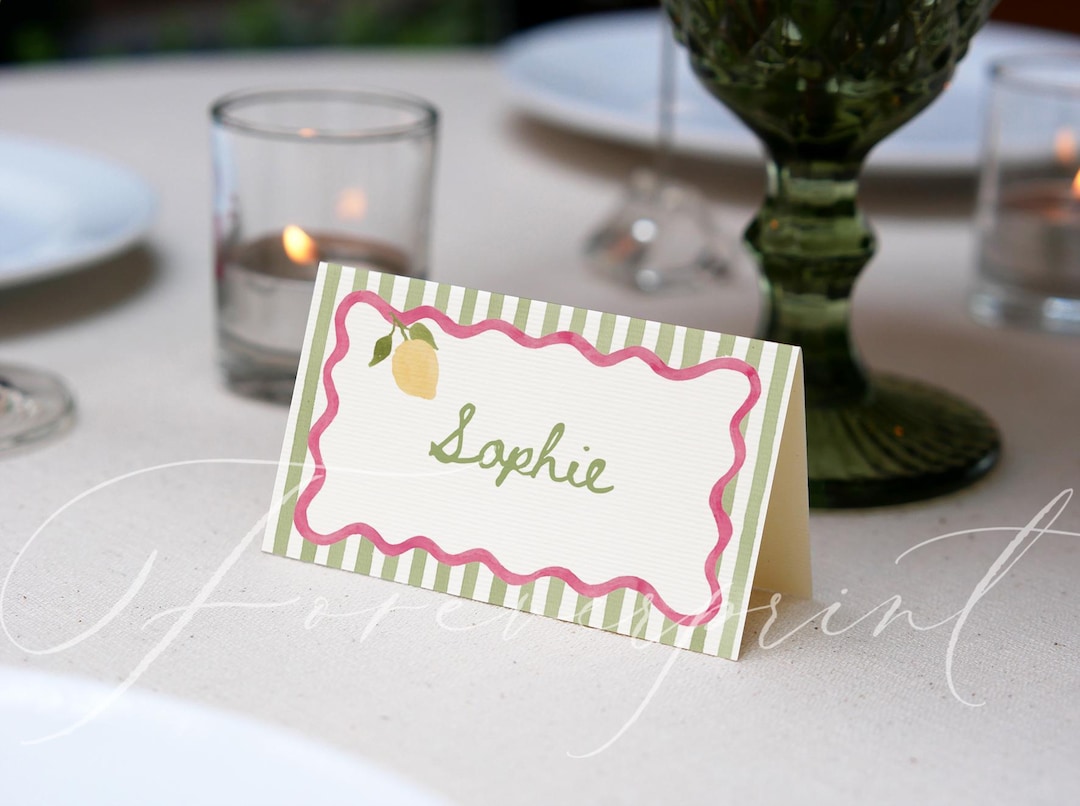 Editable Place Card Template, Watercolor Floral Name Card, Green Stripe ...