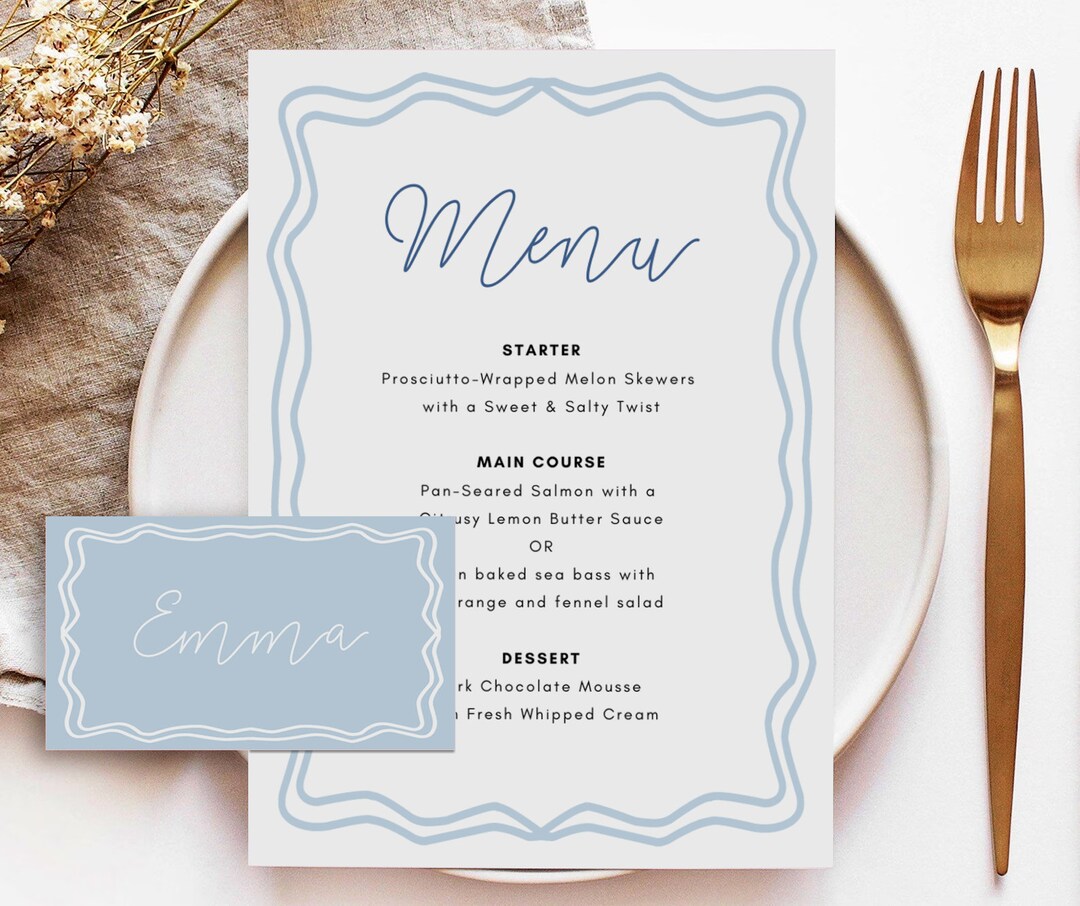 Blue Menu & Placecard Template, Blue Hand Painted Bridal Shower Menu ...