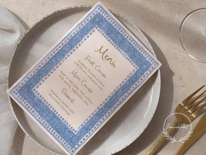 Blue Watercolor Floral Border Menu Template, Rustic Boho Wedding or ...