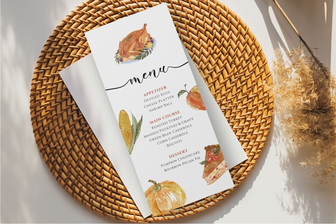 Thanksgiving Dinner Menu Template, Printable Thanksgiving Dinner Menu ...
