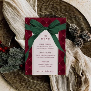 Editable Christmas Dinner Menu Template – Festive Holiday Party Menu With Bow Plaid – Printable ...