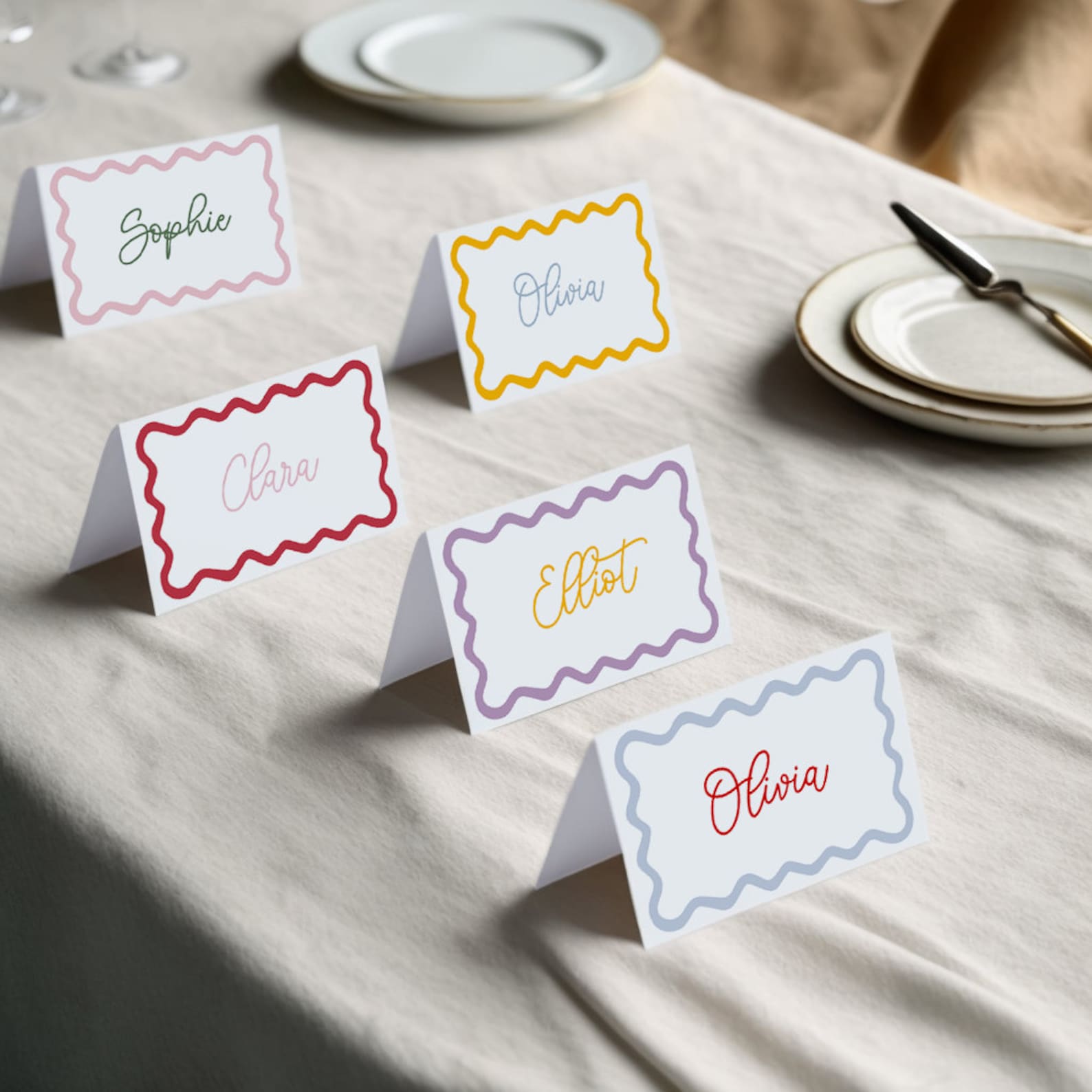 Curvy Place Cards, Colorful Name Cards, Wavy Border, Curvy Invitation ...