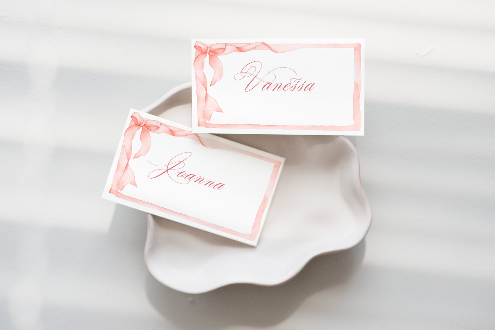 Pink Bow Place Cards, Bow Name Cards, Ribbon Border, Curvy, Whimsical ...