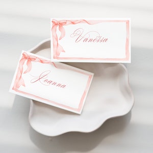 Pink Bow Place Cards, Bow Name Cards, Ribbon Border, Curvy, Whimsical ...