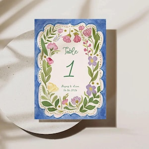 Navy Blue Floral Table Number Template, Hand Drawn, Printable Table ...